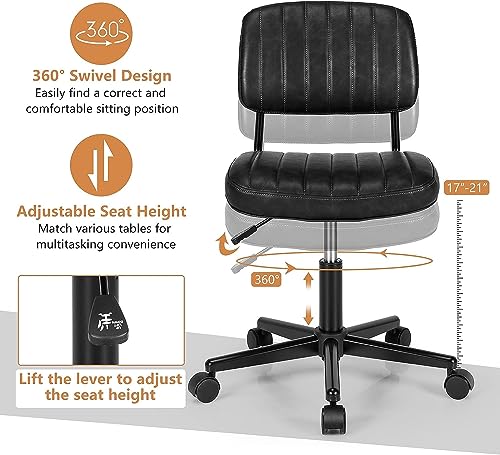 Giantex Leather Office Chair, Armless Low-Back Computer Desk Chair, Retro Swivel Rolling Task Chair Height Adjustable PU Leisure Office Chair for Kids Teens Adults (2, Black)