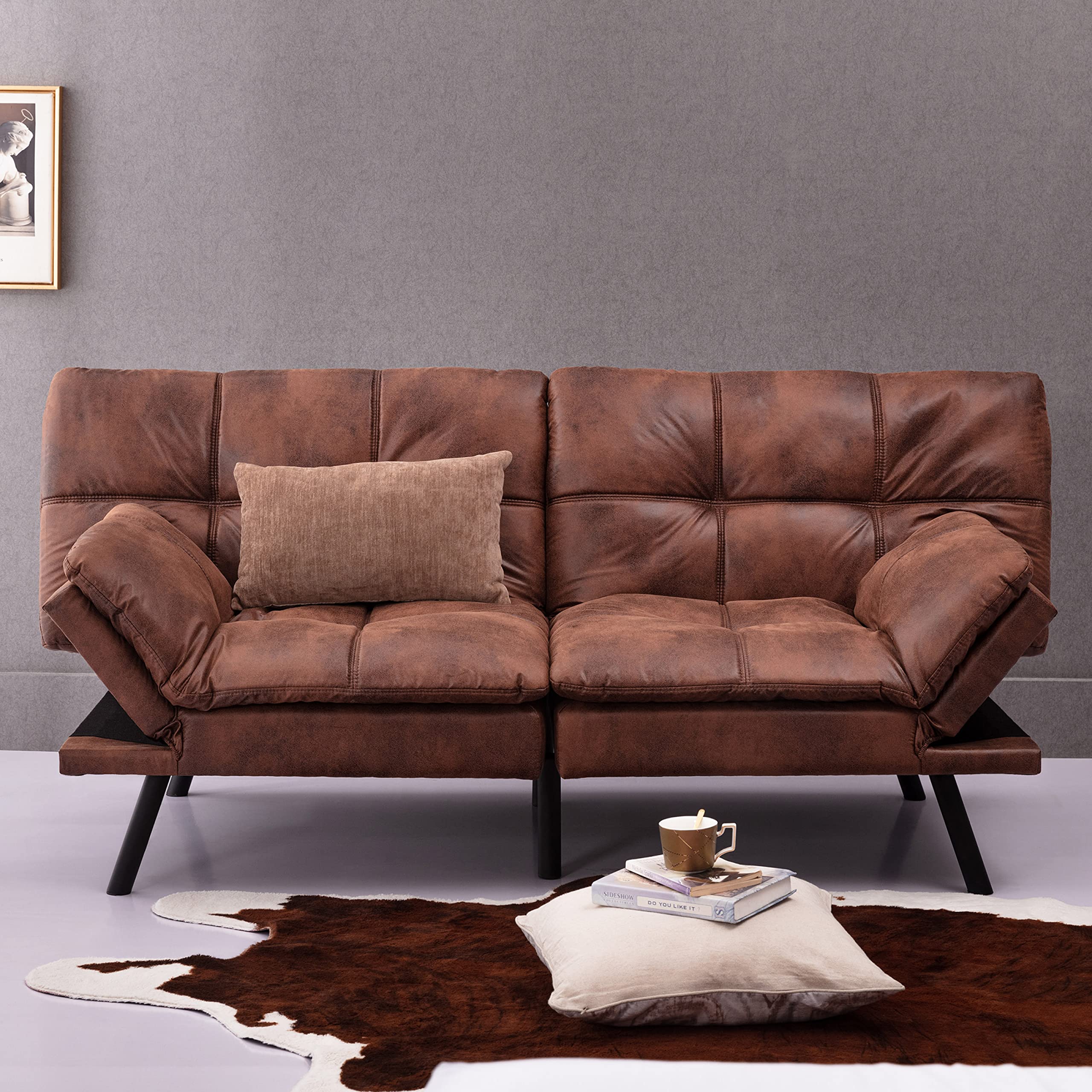 POCIYIHOME Convertible Folding Sleeper Sofa with Adjustable Back and Arms, Modern Memory Foam Futon Couch Bed, Industrial Chaise, Recliner Loveseat Folding Daybed for Living Room, Suede Leather, Brown