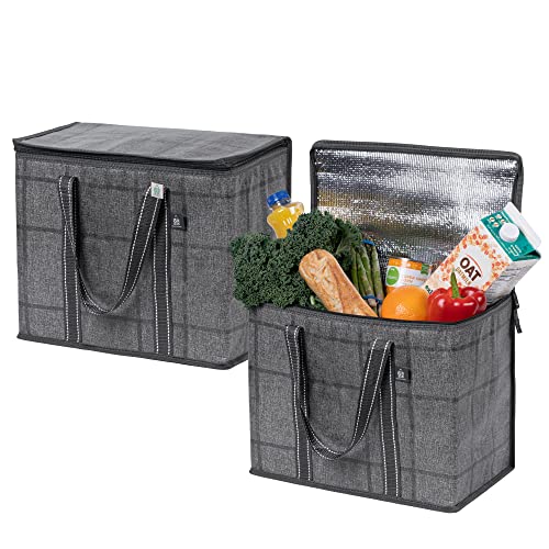 VENO 2 Pack Large Insulated Reusable Grocery Bag w/ Cardboard Bottom, Food Delivery, Heavy Duty, Collapsible (BLK Windowpane)