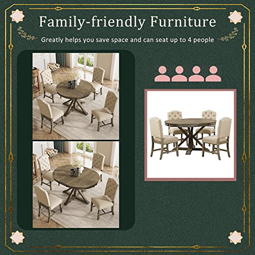 WOZNLA Retro Style 5-Piece Extendable Round Dining Table Set with 4 Upholstered Chairs - Ideal for Kitchen and Living Room Gatherings