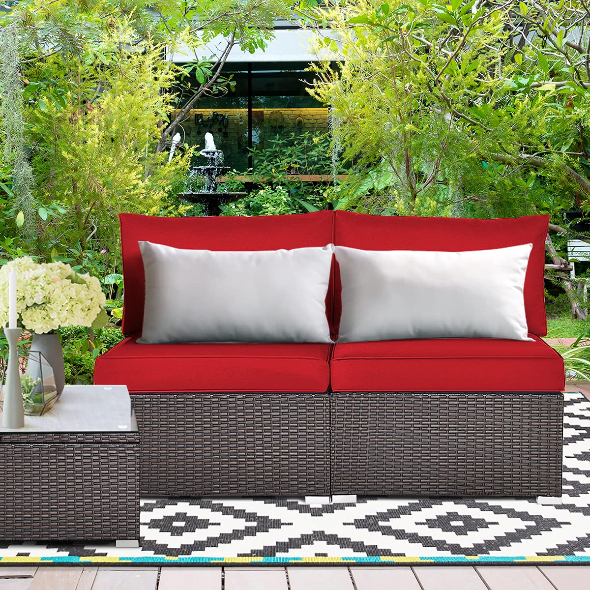 COSTWAY 2PCS PE Rattan Armless Sofa, Wicker Patio Conversation Set Chairs with Soft Cushion, Outdoor Sectional Furniture for Yard, Poolside (Red)