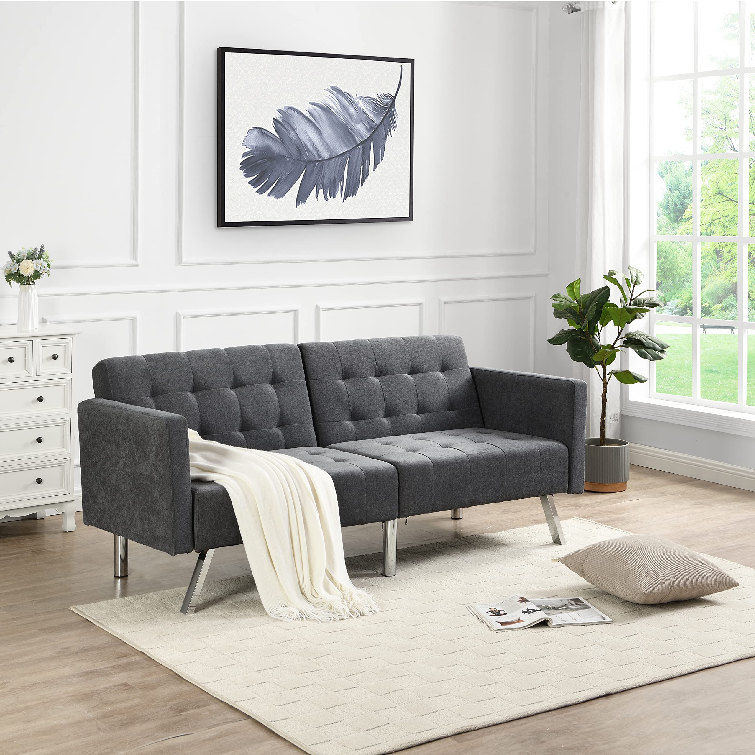 POCIYIHOME 2-Seater Convertible Lounge Bed, Couch Loveseat Sleeper Sofa with Adjustable Backrest, Recliner Futon Folding Daybed for Living Bedroom Apartment Reading Room, Linen, Dark Grey