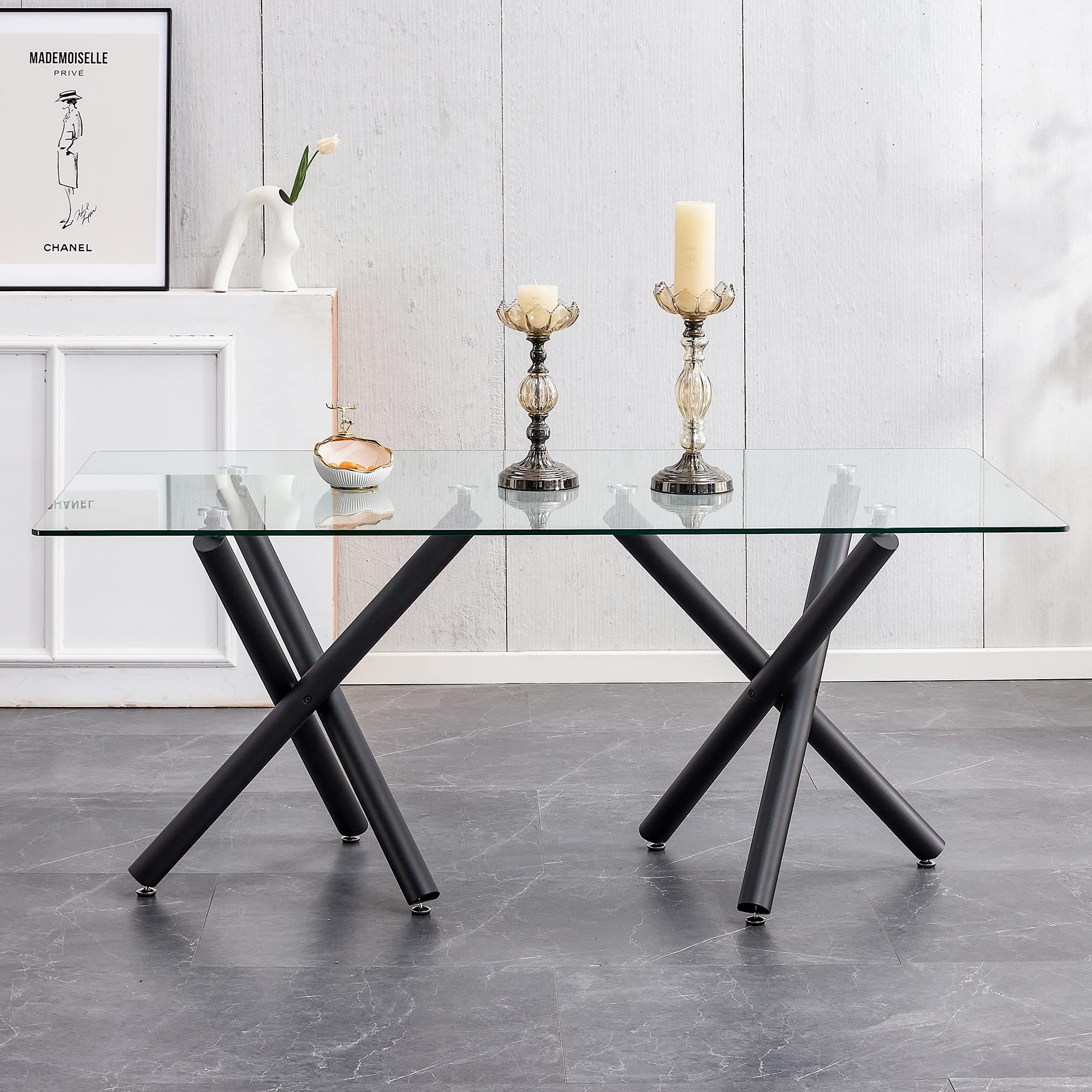 Ginxesh 71" Glass Dining Table Set,0.39" Glass Top Dinner Table with 6 Chrome Metal Legs,High Back PU Leather Padded Dining Chairs,Dining Table Set for Kitchen or Living Room Use (6 Sets, Black+Grey)