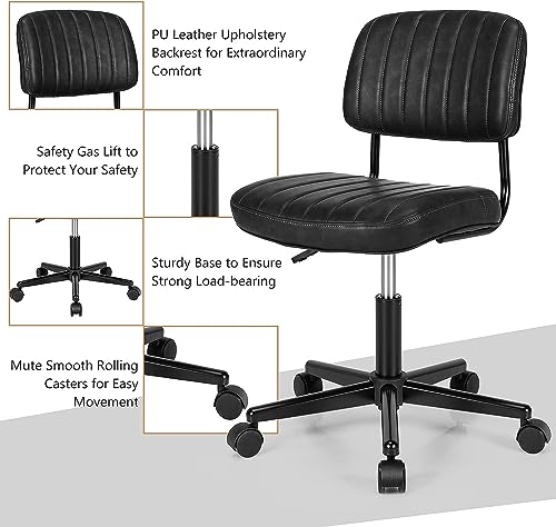 Giantex Leather Office Chair, Armless Low-Back Computer Desk Chair, Retro Swivel Rolling Task Chair Height Adjustable PU Leisure Office Chair for Kids Teens Adults (2, Black)
