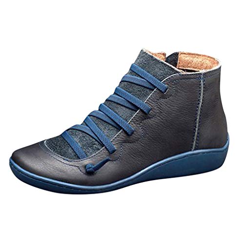 JMMSlmax Women Cute Round Toe Pull-on Comfortable Cowboy Cowgirl Ankle Boots Booties Casual Lace-up Side Zipper Flat Boots