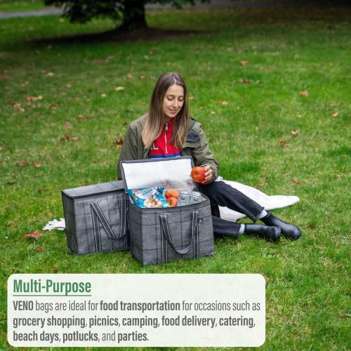 VENO 2 Pack Large Insulated Reusable Grocery Bag w/ Cardboard Bottom, Food Delivery, Heavy Duty, Collapsible (BLK Windowpane)
