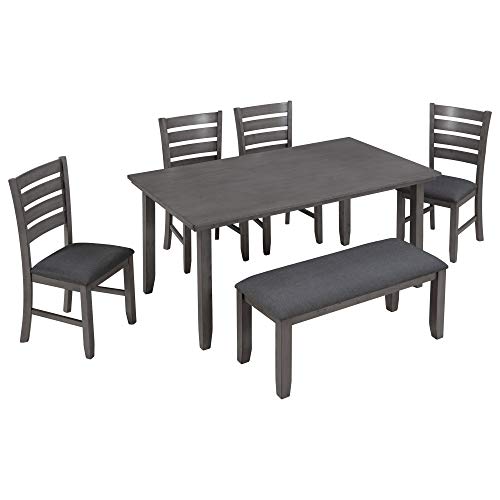 BIADNBZ 6-Piece Dining Table Set for 6,Rustic Wood Dining&Table with Upholstered Chairs & Bench for Kitchen Room Furniture,Gray