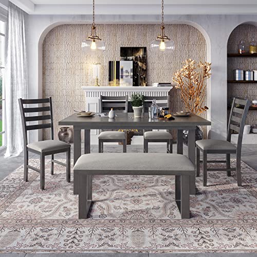 WOZNLA 6-Piece Family Dining Table Set - Rectangular Wood Table with 4 Chairs and 1 Bench, Padded Cushion Seating for 6, Modern Grey Finish, Ideal for Kitchen and Dining Room Gatherings