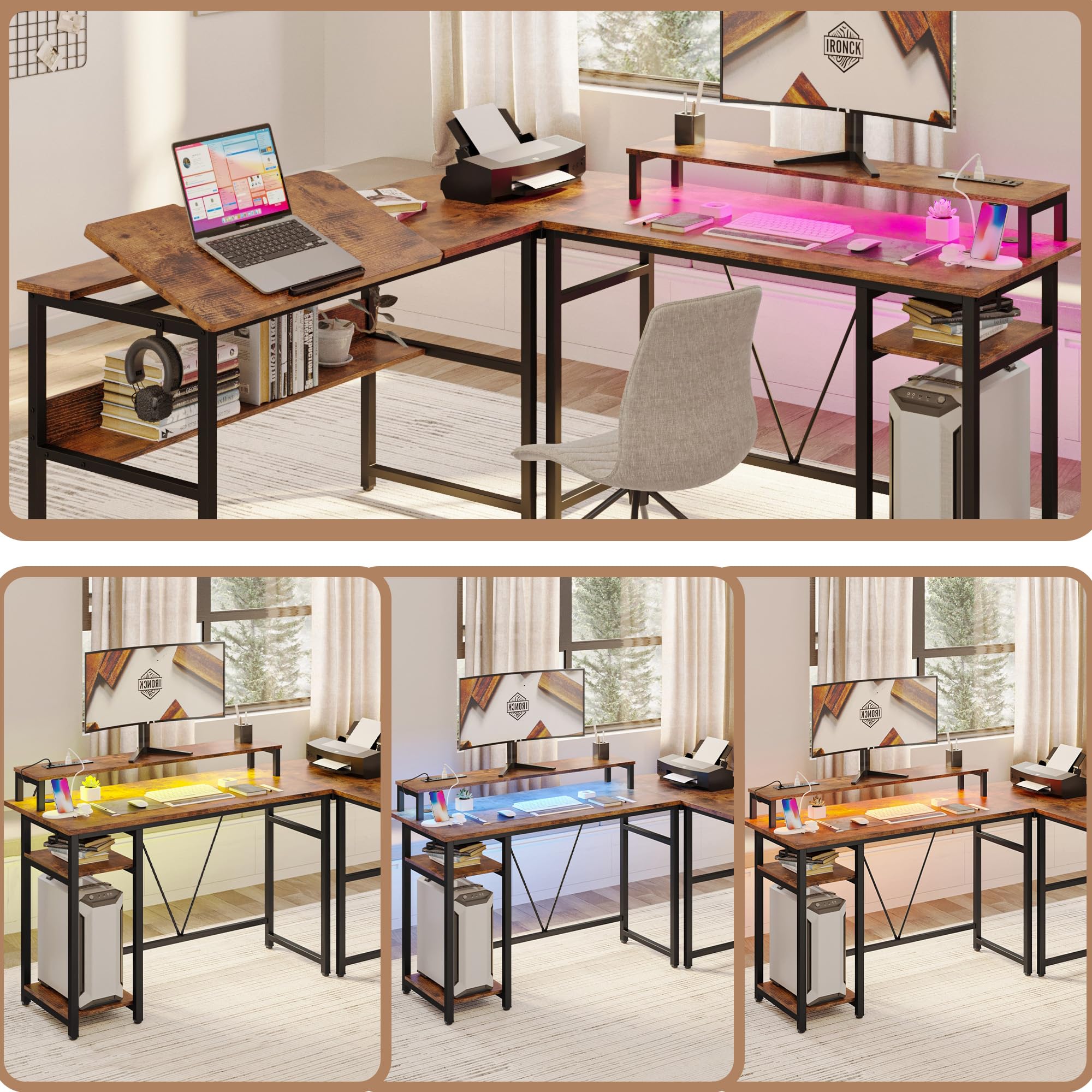 IRONCK L Shaped 70.8" Computer Corner Desk with LED and Power Outlets, 95" I-Shaped Two-Person Reversible Drafting Table with Storage Shelves & Monitor Stand for Home Office, Bedroom, Brown