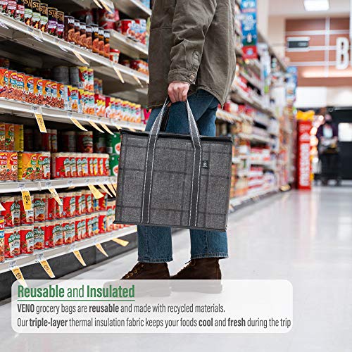 VENO 2 Pack Large Insulated Reusable Grocery Bag w/ Cardboard Bottom, Food Delivery, Heavy Duty, Collapsible (BLK Windowpane)