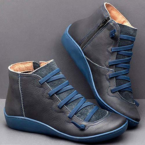 JMMSlmax Women Cute Round Toe Pull-on Comfortable Cowboy Cowgirl Ankle Boots Booties Casual Lace-up Side Zipper Flat Boots