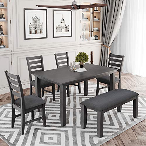 BIADNBZ 6-Piece Dining Table Set for 6,Rustic Wood Dining&Table with Upholstered Chairs & Bench for Kitchen Room Furniture,Gray