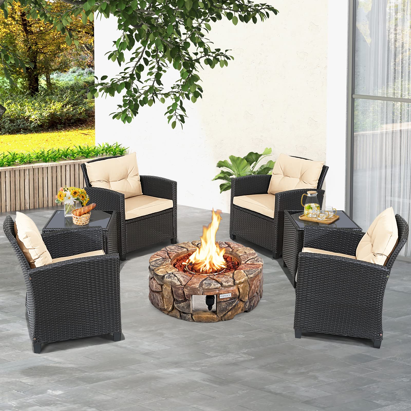 Toolsempire 7 Pieces Patio Furniture Set with 40,000 BTU Propane Round Fire Pit Table, Patio Fire Table Set with Cushions, Lava Rocks & Waterproof Cover, Wicker Conversation Set for Garden(Coffee)