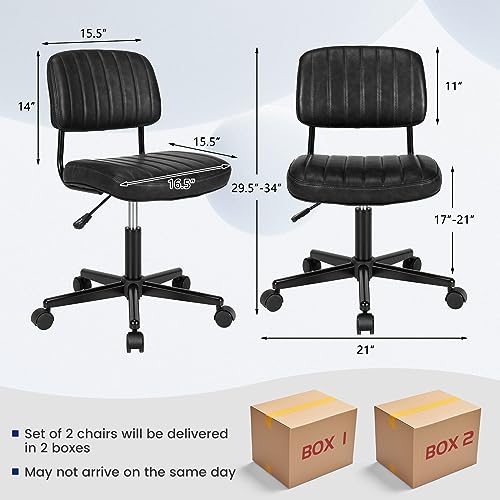 Giantex Leather Office Chair, Armless Low-Back Computer Desk Chair, Retro Swivel Rolling Task Chair Height Adjustable PU Leisure Office Chair for Kids Teens Adults (2, Black)