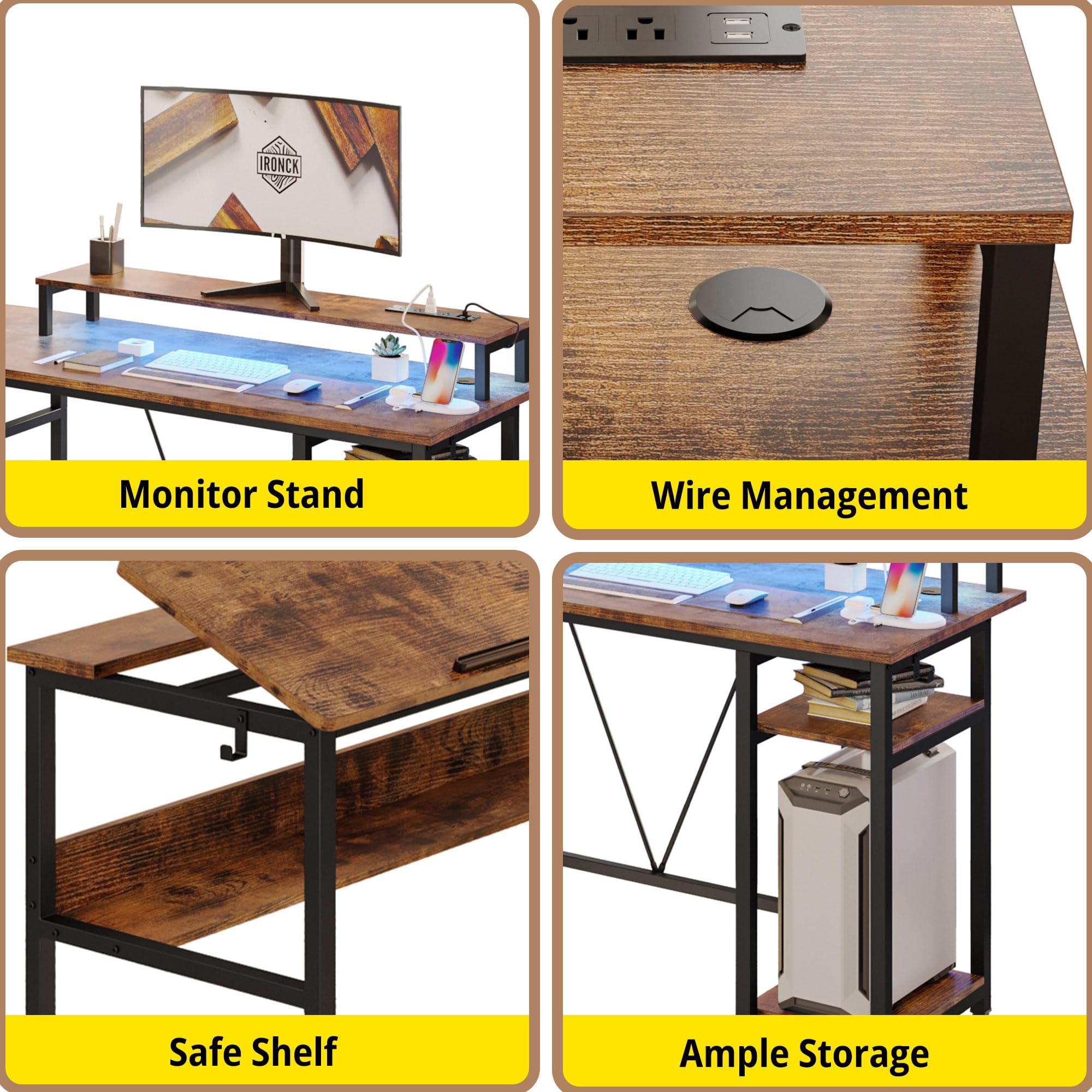 IRONCK L Shaped 70.8" Computer Corner Desk with LED and Power Outlets, 95" I-Shaped Two-Person Reversible Drafting Table with Storage Shelves & Monitor Stand for Home Office, Bedroom, Brown