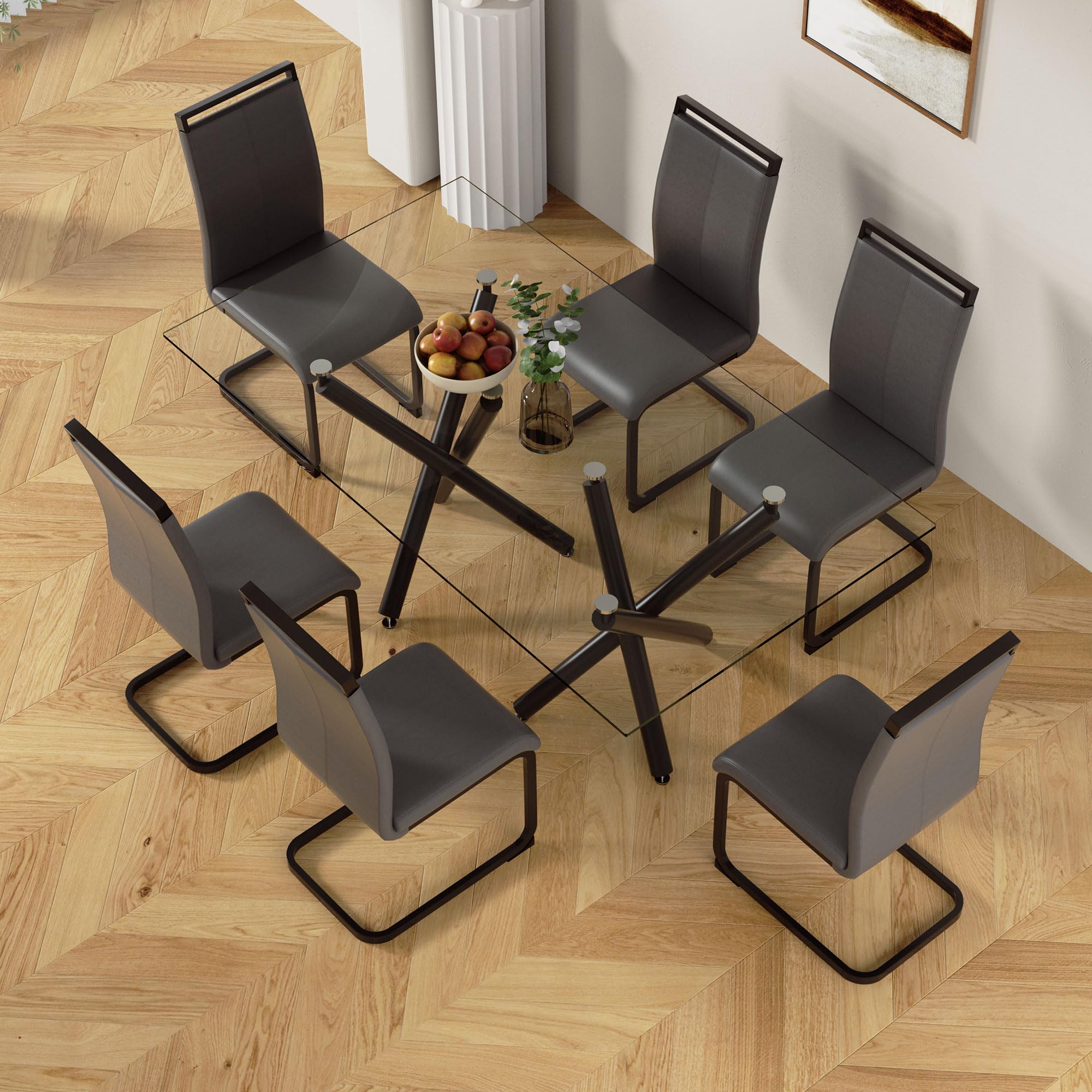 Ginxesh 71" Glass Dining Table Set,0.39" Glass Top Dinner Table with 6 Chrome Metal Legs,High Back PU Leather Padded Dining Chairs,Dining Table Set for Kitchen or Living Room Use (6 Sets, Black+Grey)