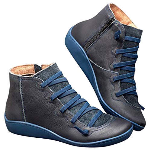 JMMSlmax Women Cute Round Toe Pull-on Comfortable Cowboy Cowgirl Ankle Boots Booties Casual Lace-up Side Zipper Flat Boots