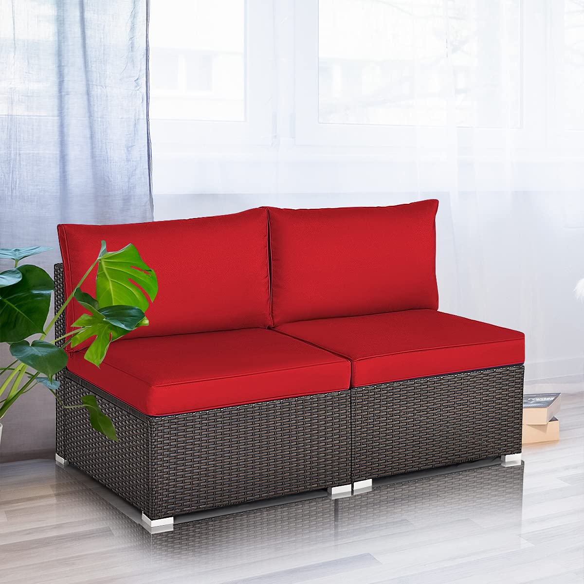 COSTWAY 2PCS PE Rattan Armless Sofa, Wicker Patio Conversation Set Chairs with Soft Cushion, Outdoor Sectional Furniture for Yard, Poolside (Red)