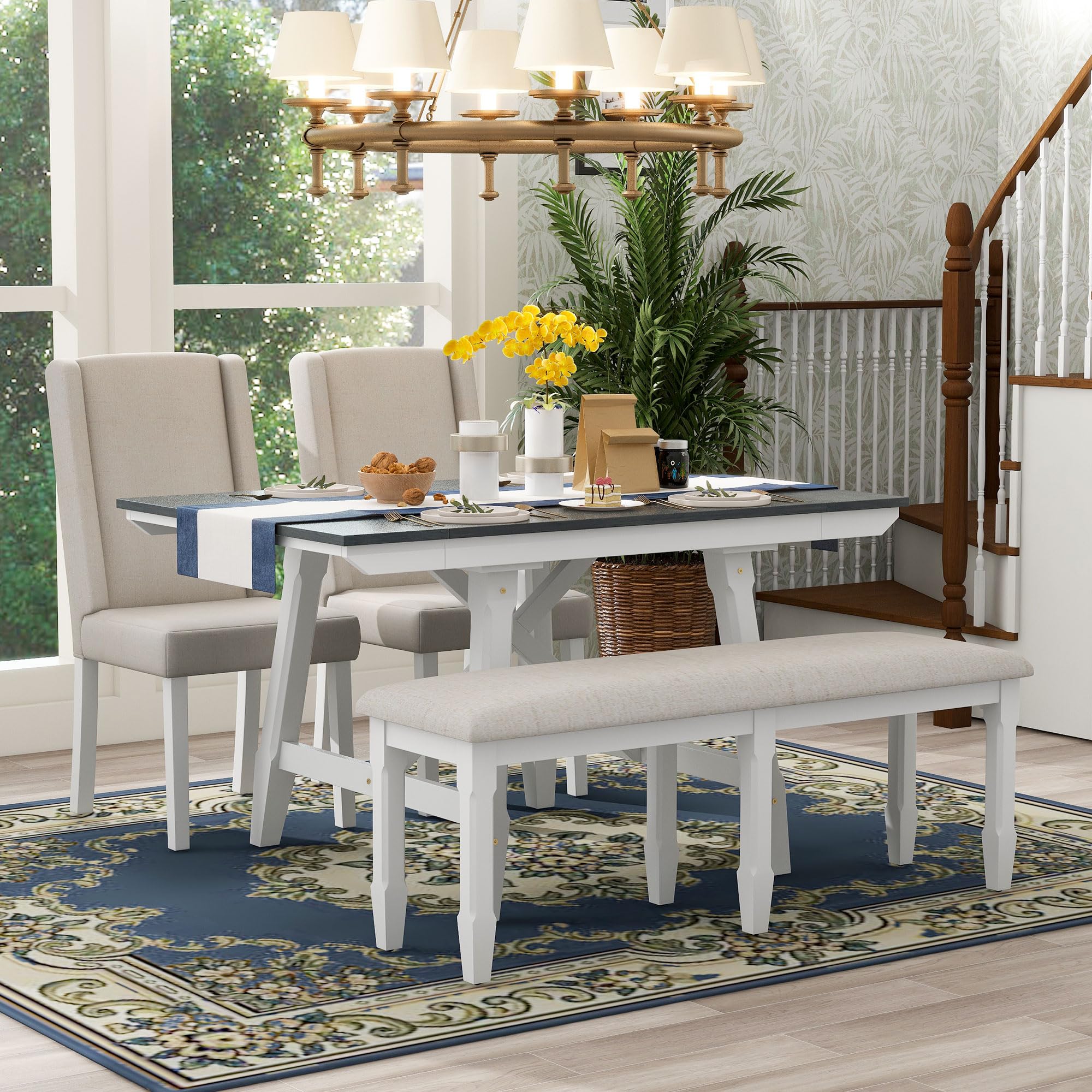 RUNWON 6-Piece Classic Set,Rectangular Extendable Table with Two Removable Leaves and 4 Upholstered Chairs and 1 Bench for Dining Room, Gray