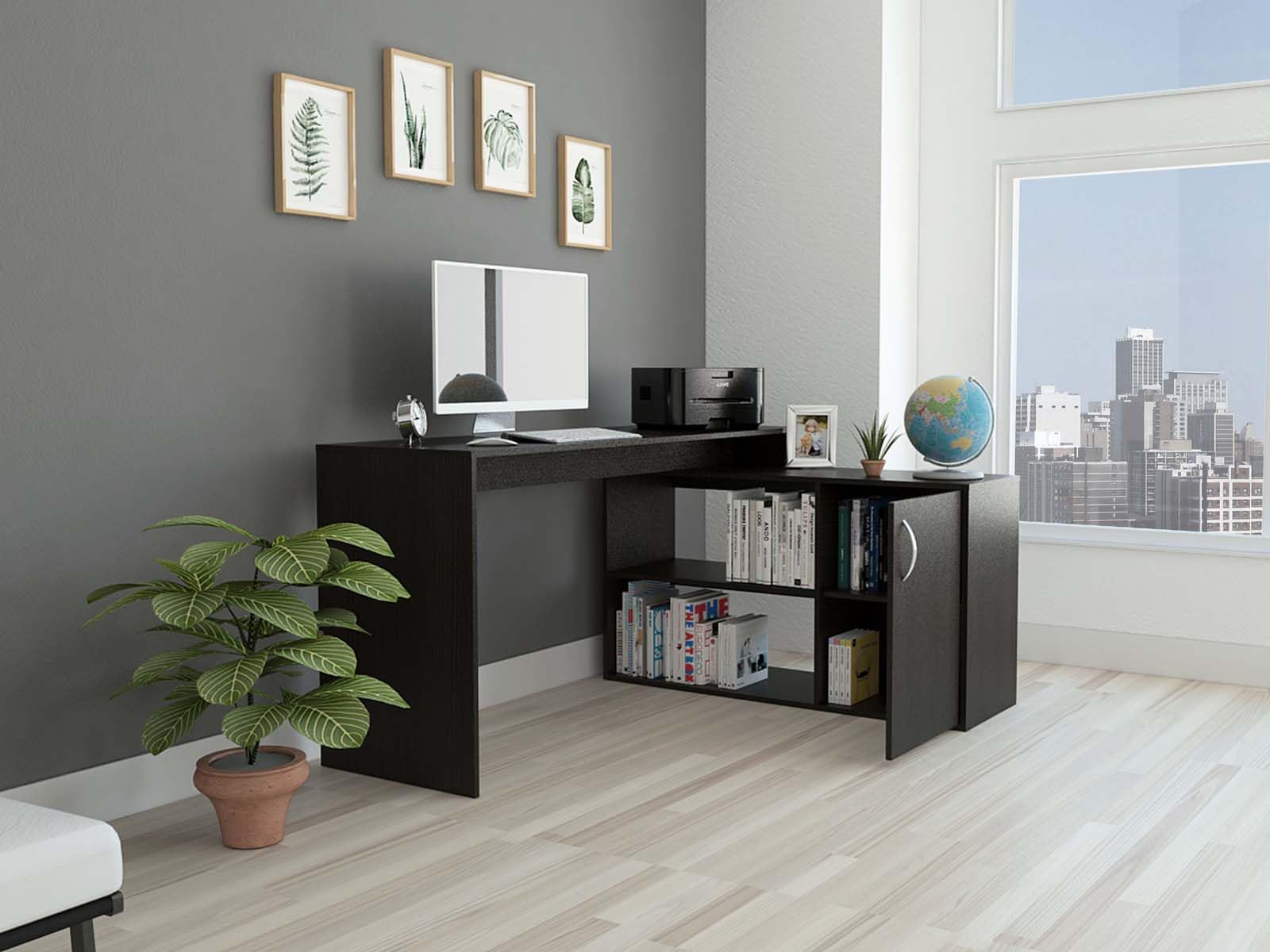 DUNTRKDU L Shaped Desk, 60 Inch Gaming Desk with Storage Shelves, Modern Computer Desk, Black, 45.9*59.6*30.1 Inches