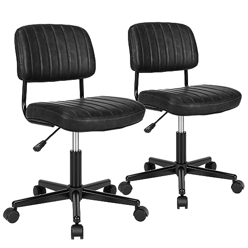 Giantex Leather Office Chair, Armless Low-Back Computer Desk Chair, Retro Swivel Rolling Task Chair Height Adjustable PU Leisure Office Chair for Kids Teens Adults (2, Black)