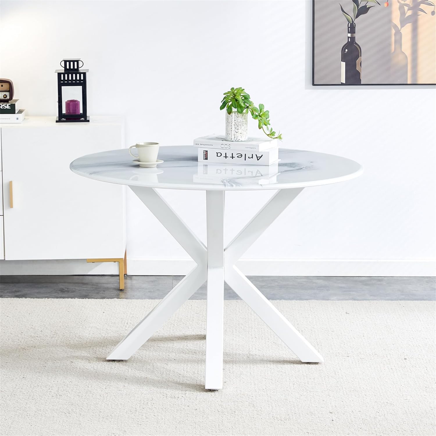 42" Round Dining Table for 4, White Tulip Table,Mid-Century Modern Circle Table with Faux Printed Marble Top and Metal Cross Legs for Home and Kitchen Small Space