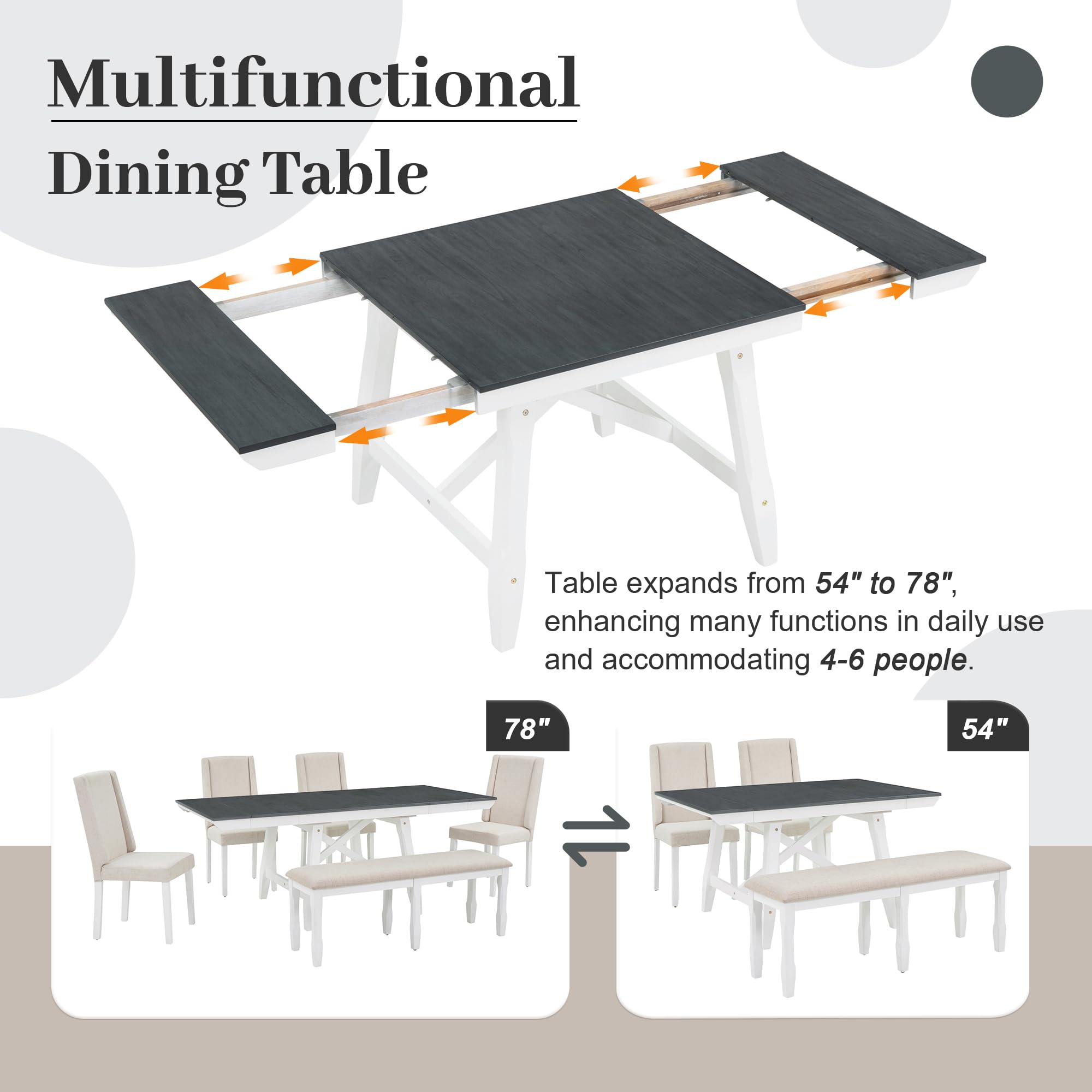 RUNWON 6-Piece Classic Set,Rectangular Extendable Table with Two Removable Leaves and 4 Upholstered Chairs and 1 Bench for Dining Room, Gray