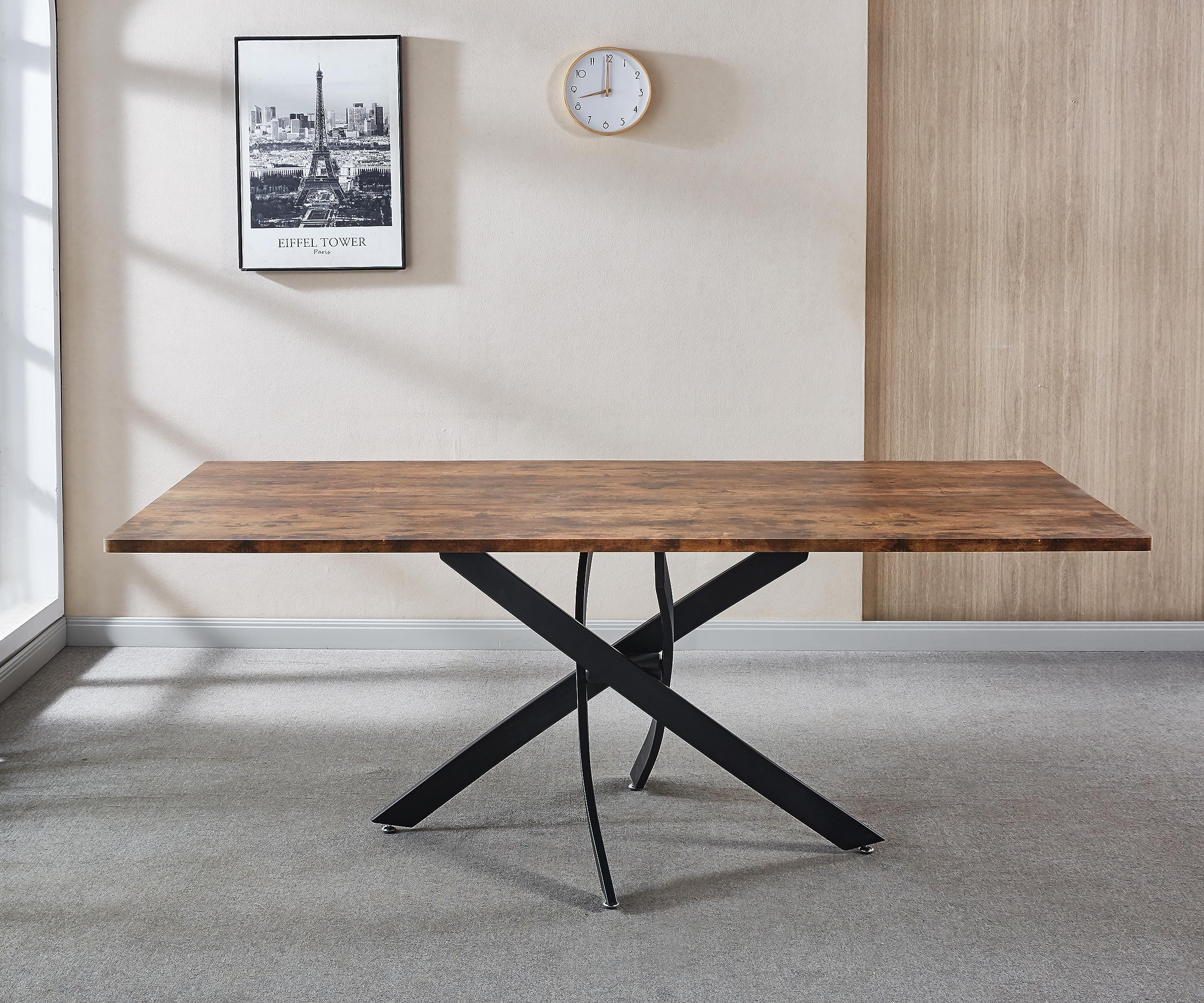 Mid-Century Dining Table for 6 People,63" Dining Room Table,Farmhouse Kitchen Table with Walnut Printed Wooden Table,Modern Dining Room Table with Black Metal Legs