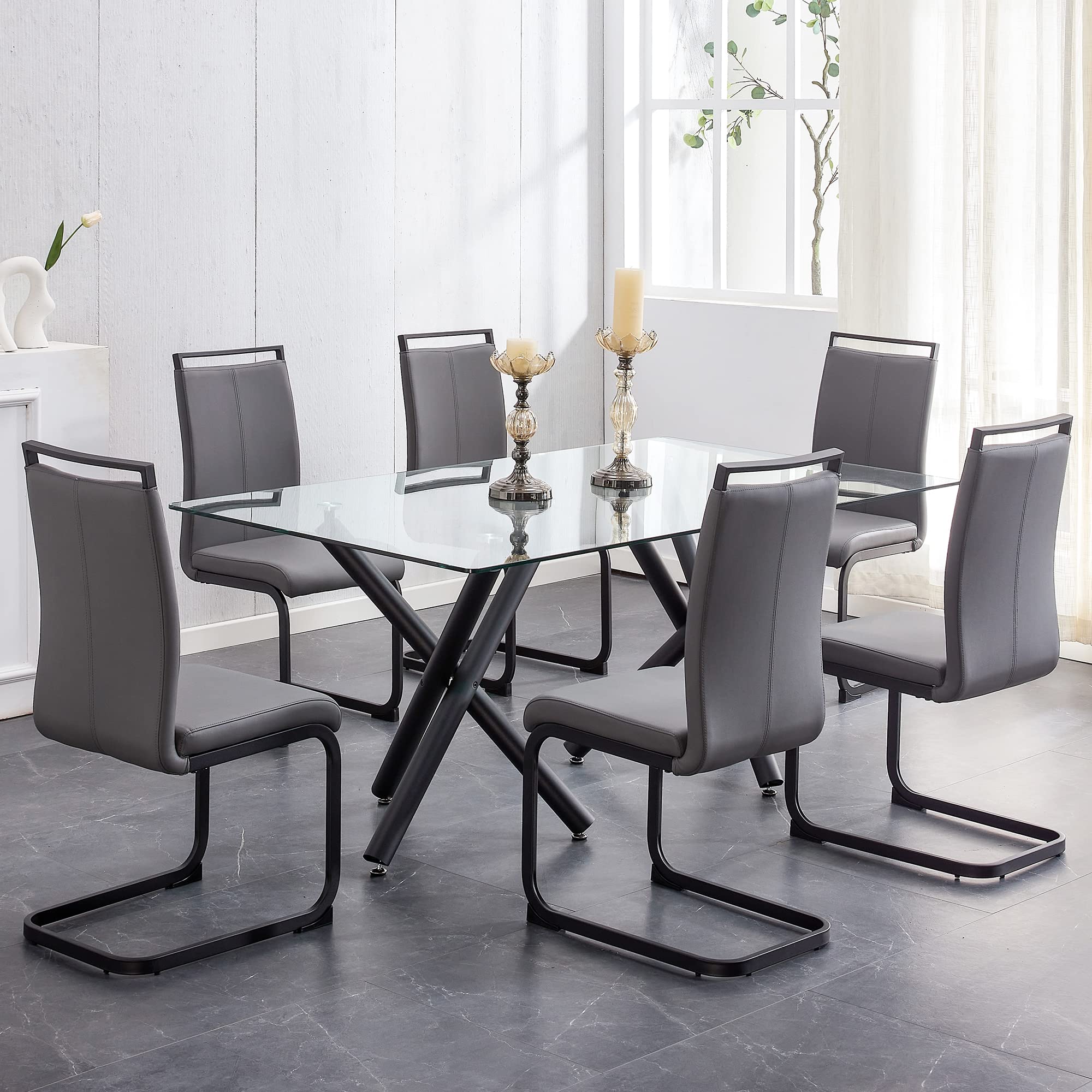 Ginxesh 71" Glass Dining Table Set,0.39" Glass Top Dinner Table with 6 Chrome Metal Legs,High Back PU Leather Padded Dining Chairs,Dining Table Set for Kitchen or Living Room Use (6 Sets, Black+Grey)