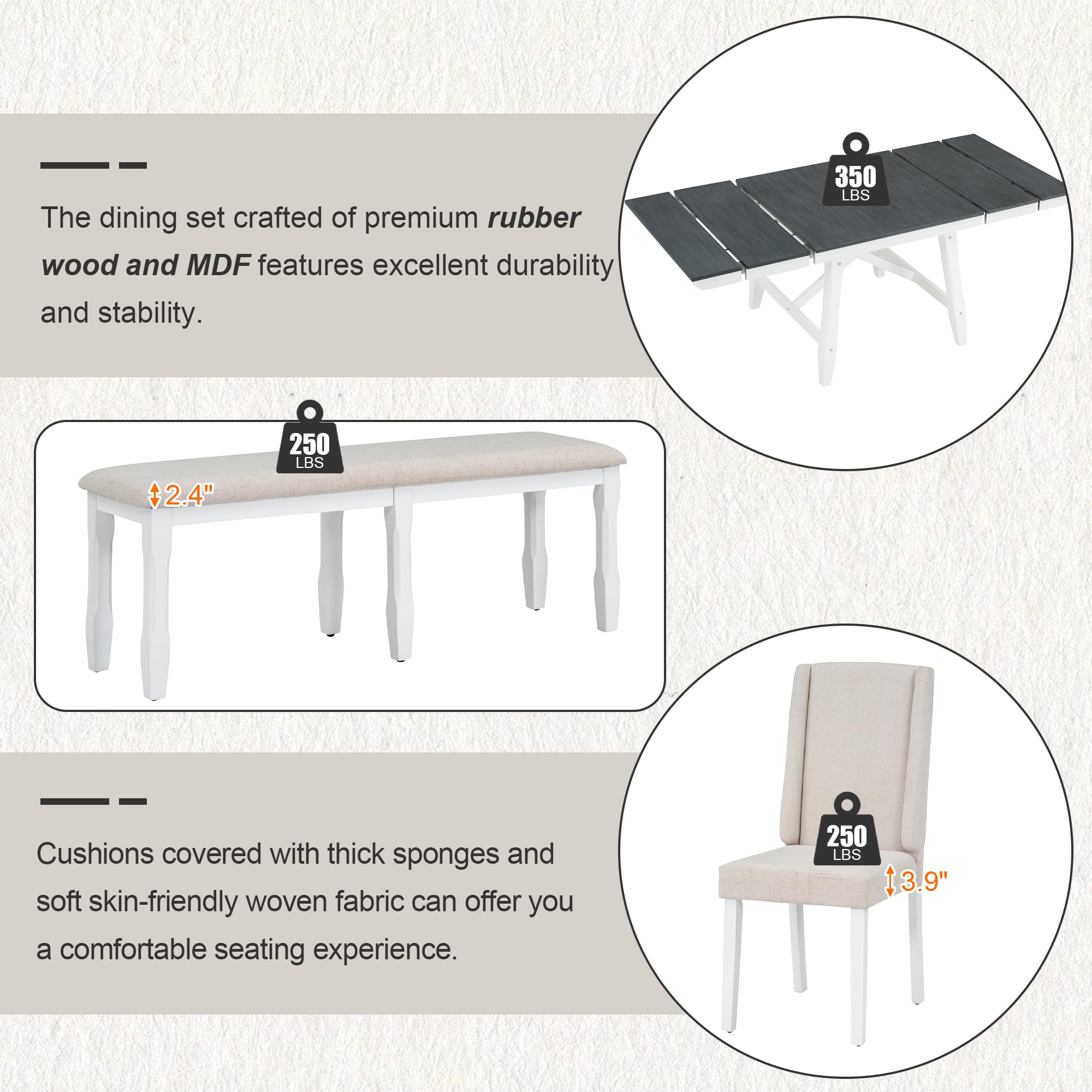 RUNWON 6-Piece Classic Set,Rectangular Extendable Table with Two Removable Leaves and 4 Upholstered Chairs and 1 Bench for Dining Room, Gray