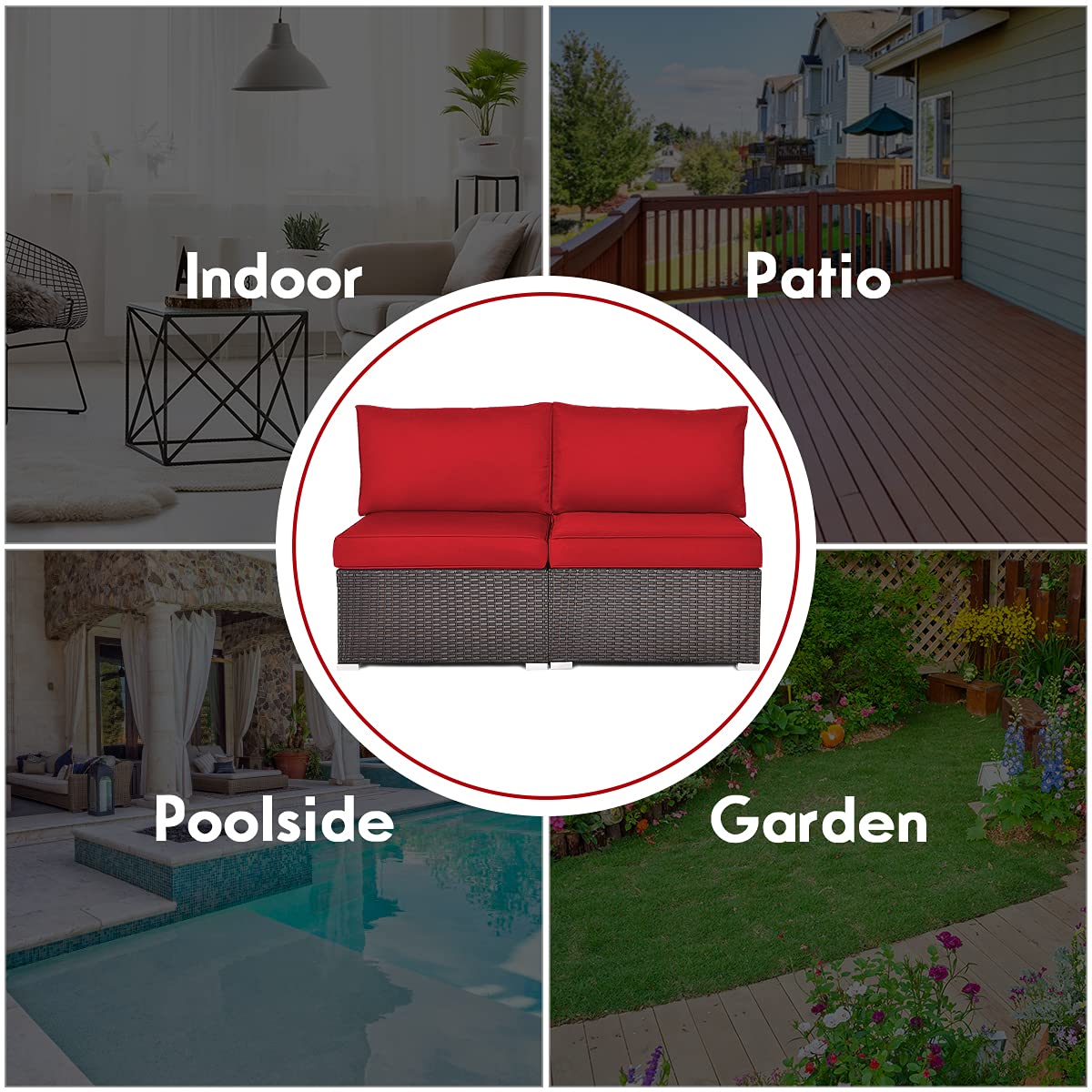 COSTWAY 2PCS PE Rattan Armless Sofa, Wicker Patio Conversation Set Chairs with Soft Cushion, Outdoor Sectional Furniture for Yard, Poolside (Red)