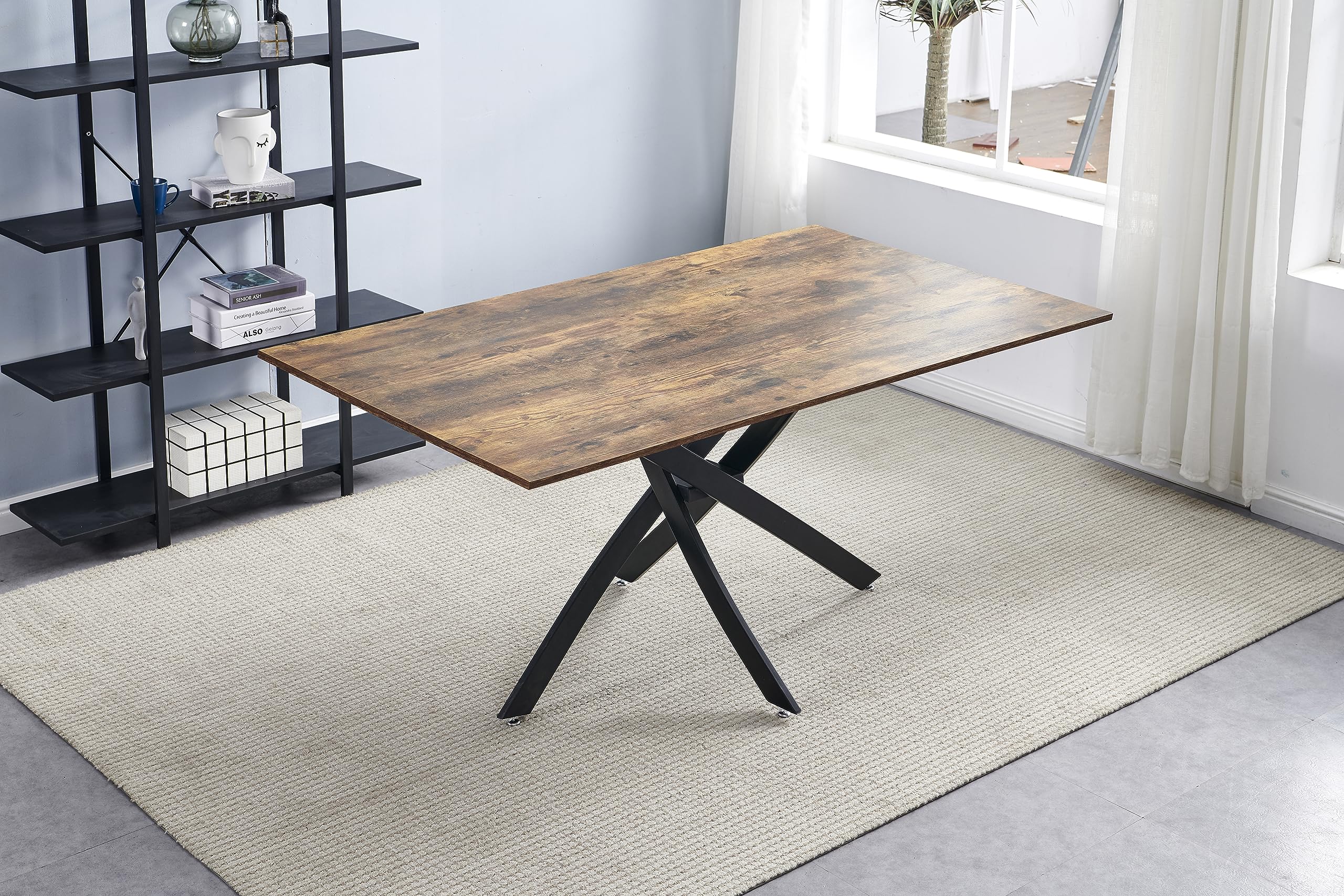 Mid-Century Dining Table for 6 People,63" Dining Room Table,Farmhouse Kitchen Table with Walnut Printed Wooden Table,Modern Dining Room Table with Black Metal Legs