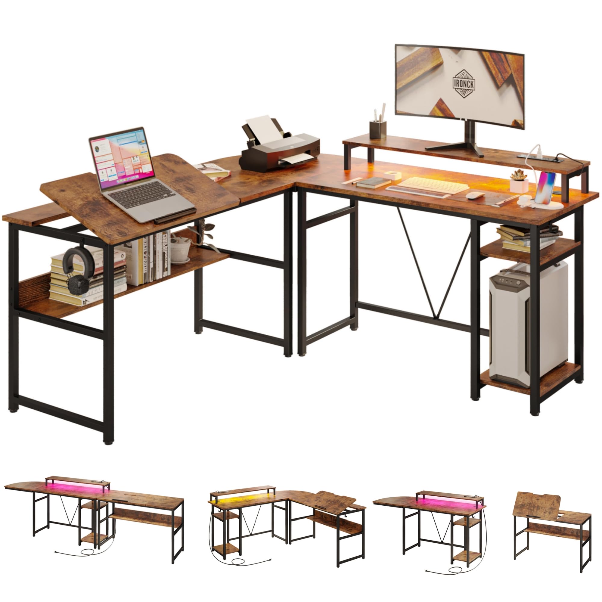 IRONCK L Shaped 70.8" Computer Corner Desk with LED and Power Outlets, 95" I-Shaped Two-Person Reversible Drafting Table with Storage Shelves & Monitor Stand for Home Office, Bedroom, Brown