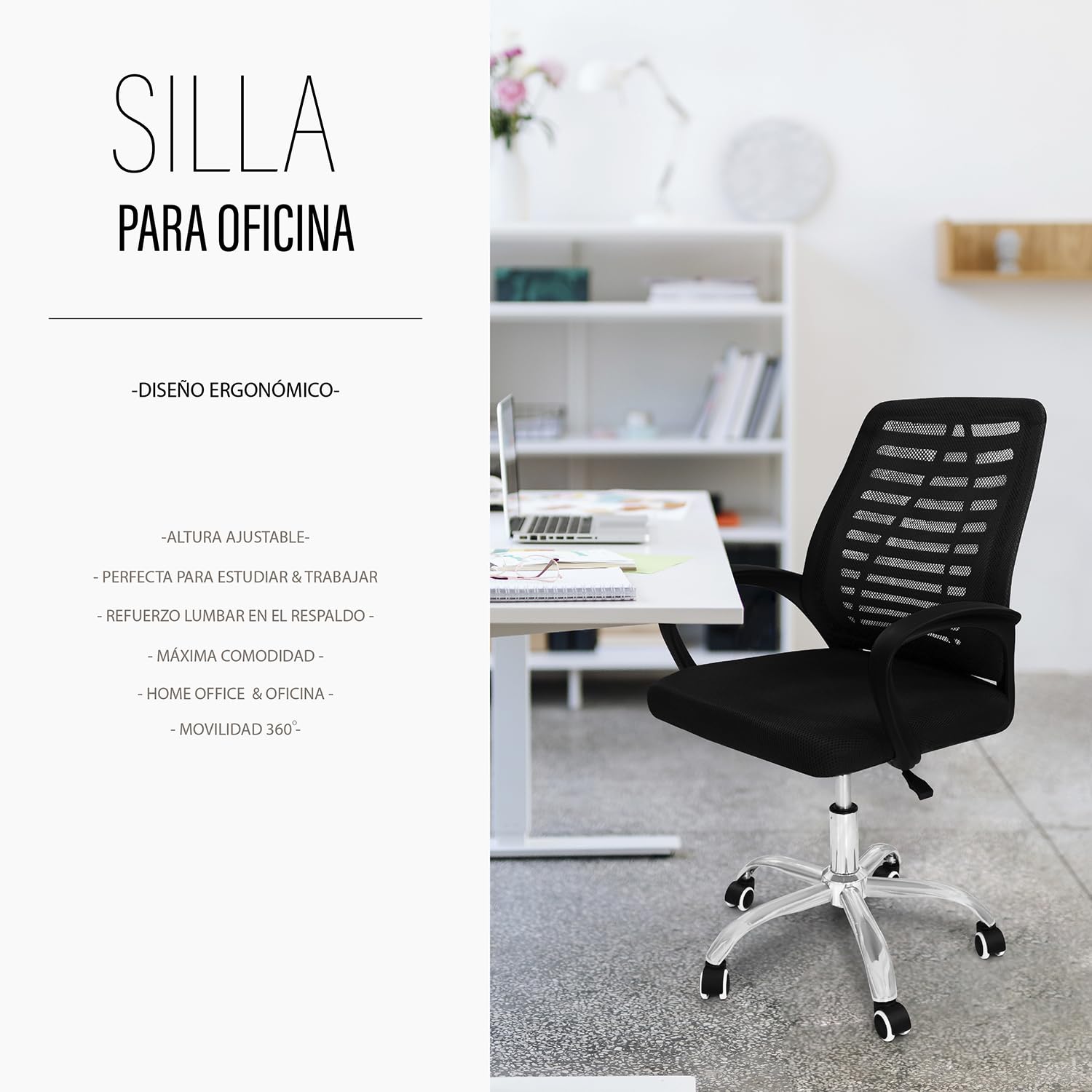 Andromeda Inc Office Chair, Ergonomic Swivel Desk, Adjustable to the Column and Lumbar Support, Breathable Mesh Material.