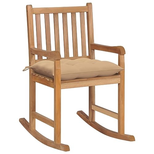 WEHUOSIF Rocking Chair with,Coffee Chair,TV Chair,High Back Rocking,Porch Chair,Patio Rocker,Garden Rocking Chair,for Front Porches, Outdoor Patios, Gardens, Camping, Beige Cushion Solid Teak Wood