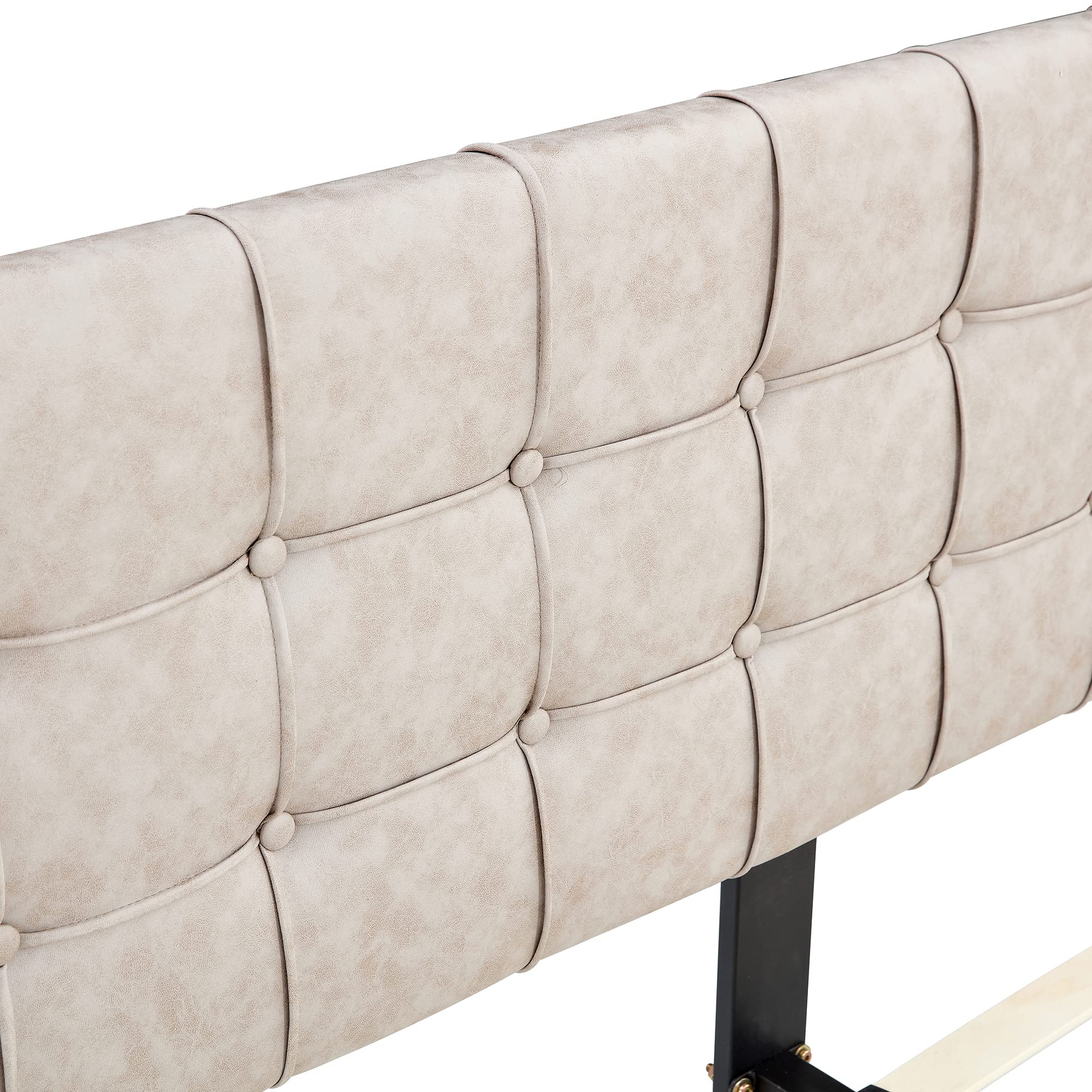 GINGVAT Queen Size Upholstered Platform Bed Frame with Lights and Height Adjustable Headboard, Fashion Square Stitched Button Tech Cloth, Modern Bedroom Furniture, Beige