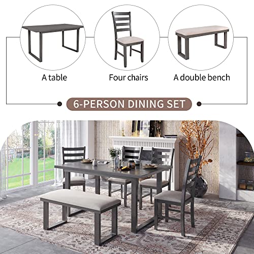 WOZNLA 6-Piece Family Dining Table Set - Rectangular Wood Table with 4 Chairs and 1 Bench, Padded Cushion Seating for 6, Modern Grey Finish, Ideal for Kitchen and Dining Room Gatherings
