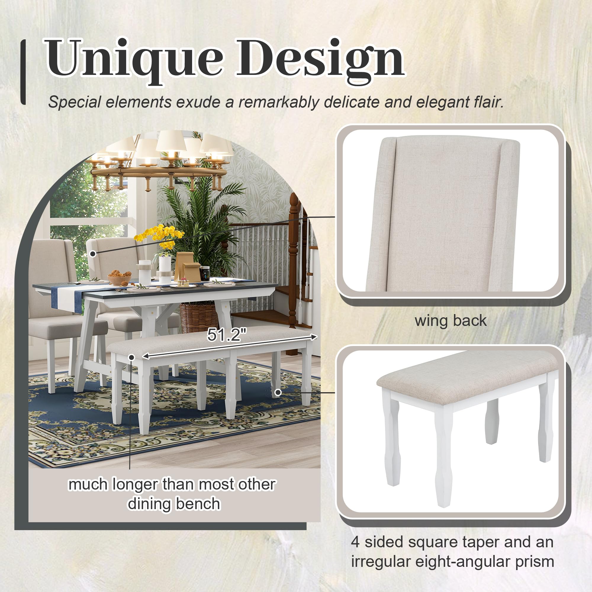 RUNWON 6-Piece Classic Set,Rectangular Extendable Table with Two Removable Leaves and 4 Upholstered Chairs and 1 Bench for Dining Room, Gray