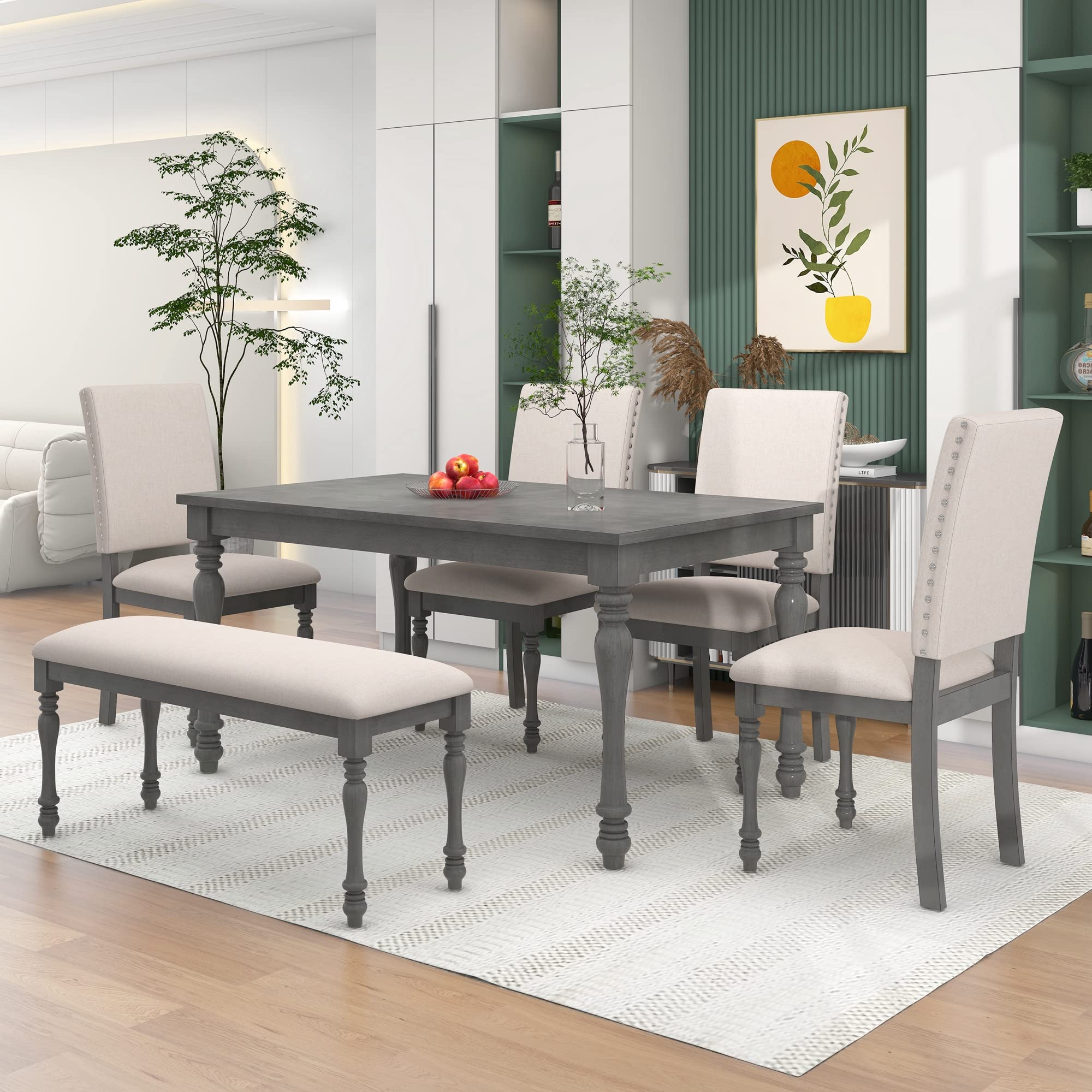 BIADNBZ 6-Piece Kitchen Dining Table Set with 4 Upholstered Chairs and 1 Bench, for 6 People, Gray