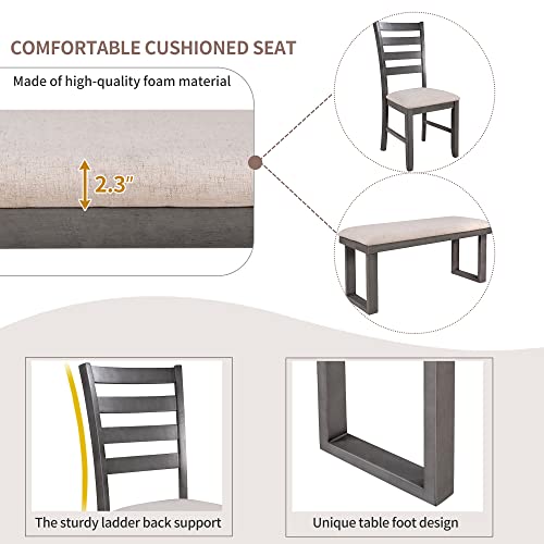 WOZNLA 6-Piece Family Dining Table Set - Rectangular Wood Table with 4 Chairs and 1 Bench, Padded Cushion Seating for 6, Modern Grey Finish, Ideal for Kitchen and Dining Room Gatherings