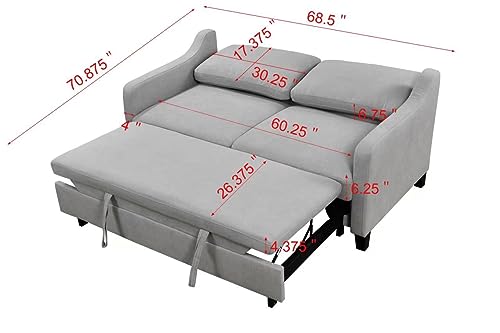 3-in-1 Upholstered Futon Sofa Loveseat Convertible Sleeper Couch Bed ,2-Seaters Sofa & Couch Soft Cushions Love Seat Daybed for Small Space Living Room Napping,Light Gray Queen Size with 2 Pillows