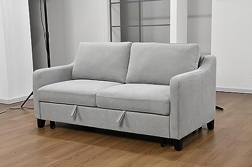 3-in-1 Upholstered Futon Sofa Loveseat Convertible Sleeper Couch Bed ,2-Seaters Sofa & Couch Soft Cushions Love Seat Daybed for Small Space Living Room Napping,Light Gray Queen Size with 2 Pillows