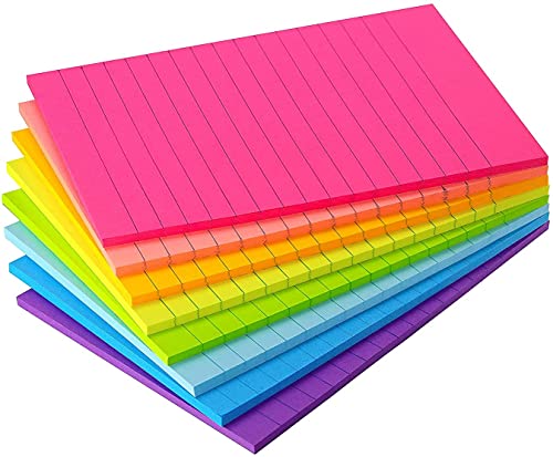 Lined Sticky Notes 4X6 in Bright Ruled Stickies Super Sticking Power Memo Pads Strong Adhesive Self-Stick Notes, 8 Pads/Pack, 32 Sheets/pad