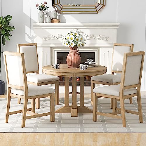 POCIYIHOME 4 Upholstered Farmhouse Round 16" Leaf, Set of 5, Family Chair Restaurant, Kitchen (Natural Wood Wash), 5 Piece Extendable Dining Table Set