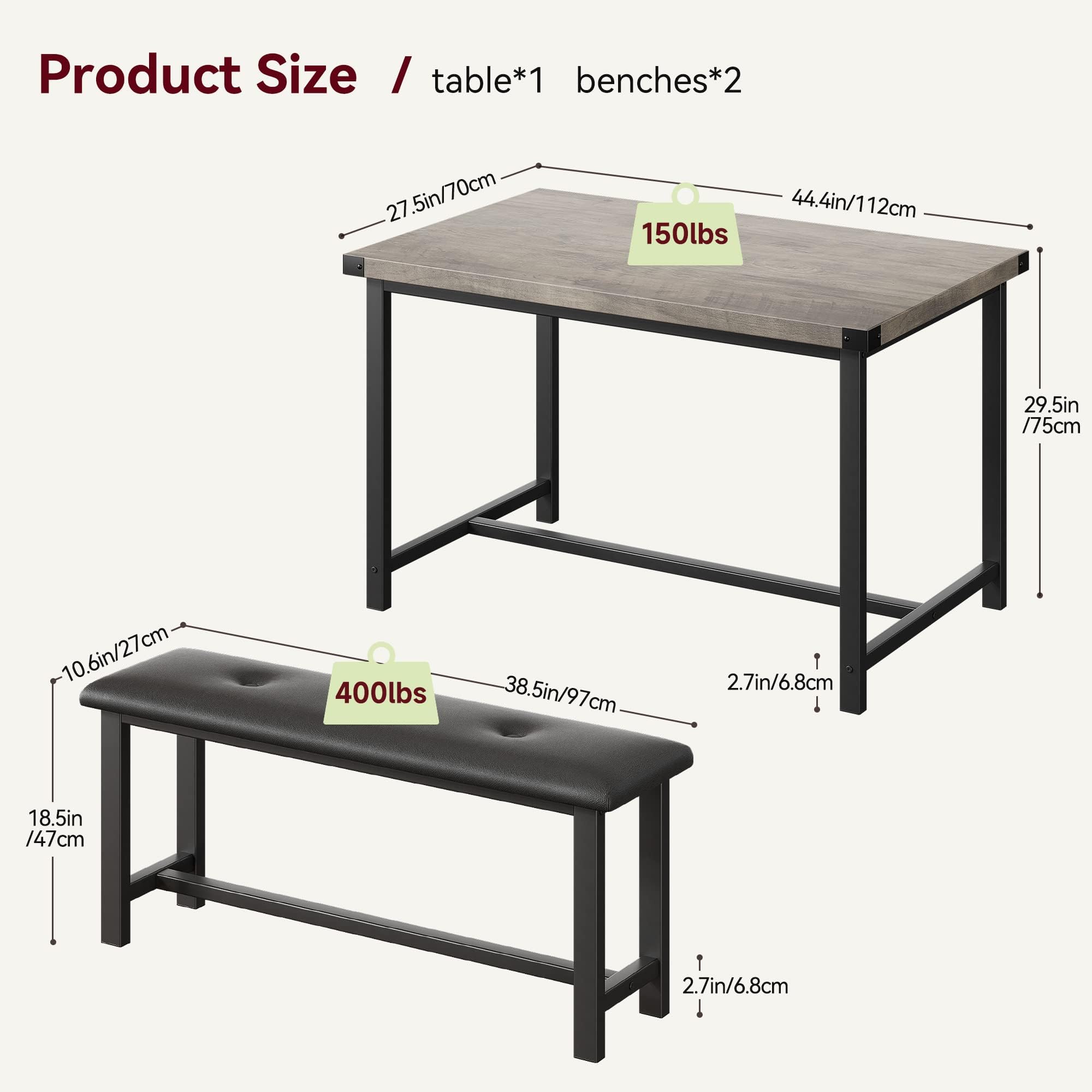 CREMORE Dining Table Set for 4 People, Dining Room Table Set with Upholstered Benches for Kitchen, Small Space, Apartment, Industrial Style, Rustic Grey