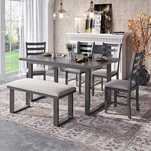 WOZNLA 6-Piece Family Dining Table Set - Rectangular Wood Table with 4 Chairs and 1 Bench, Padded Cushion Seating for 6, Modern Grey Finish, Ideal for Kitchen and Dining Room Gatherings