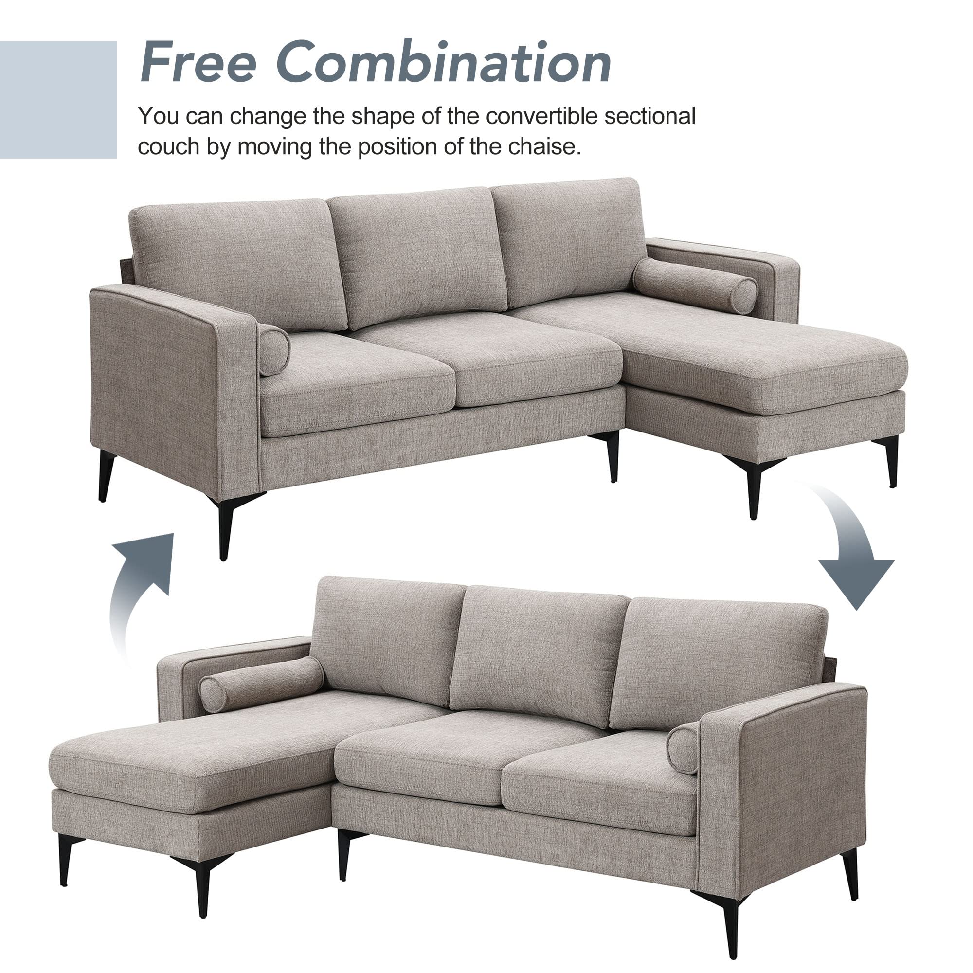 Prohon 86" L Shaped Modern Chenille Convertible Sectional Reversible Chaise Lounge and 2 Round Pillows, 4-Seat Couches Upholstered Small Space Sofas for Living Room, Apartment,Camel