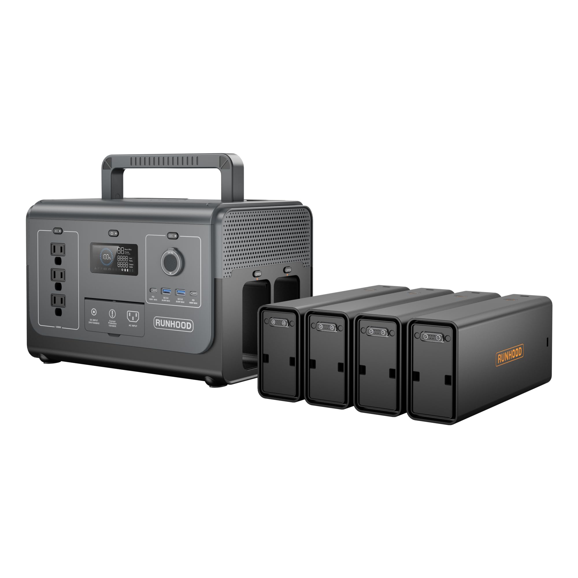 RUNHOOD Portable Power Station Rallye 1200 Plus, 1296Wh Swappable&Replaceable Batteries, 3X1200W(Peak 2400W) Pure Sine Wave AC Solar Generator Qiuck Restore Power for Outdoors Camping/RVs/CPAP/HomeUse