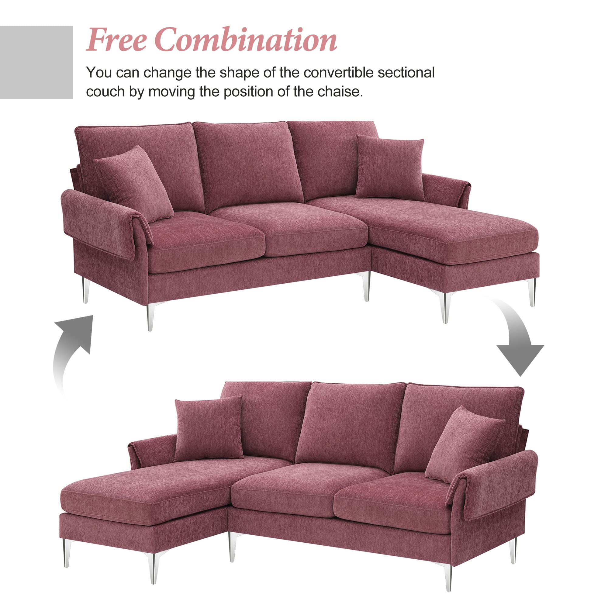 Prohon 84" L Shaped Modern Chenille Convertible Sectional Reversible Chaise Lounge and 2 Pillows, 4-Seat Couches Upholstered Small Space Sofas for Living Room,Apartment,Office, Pink