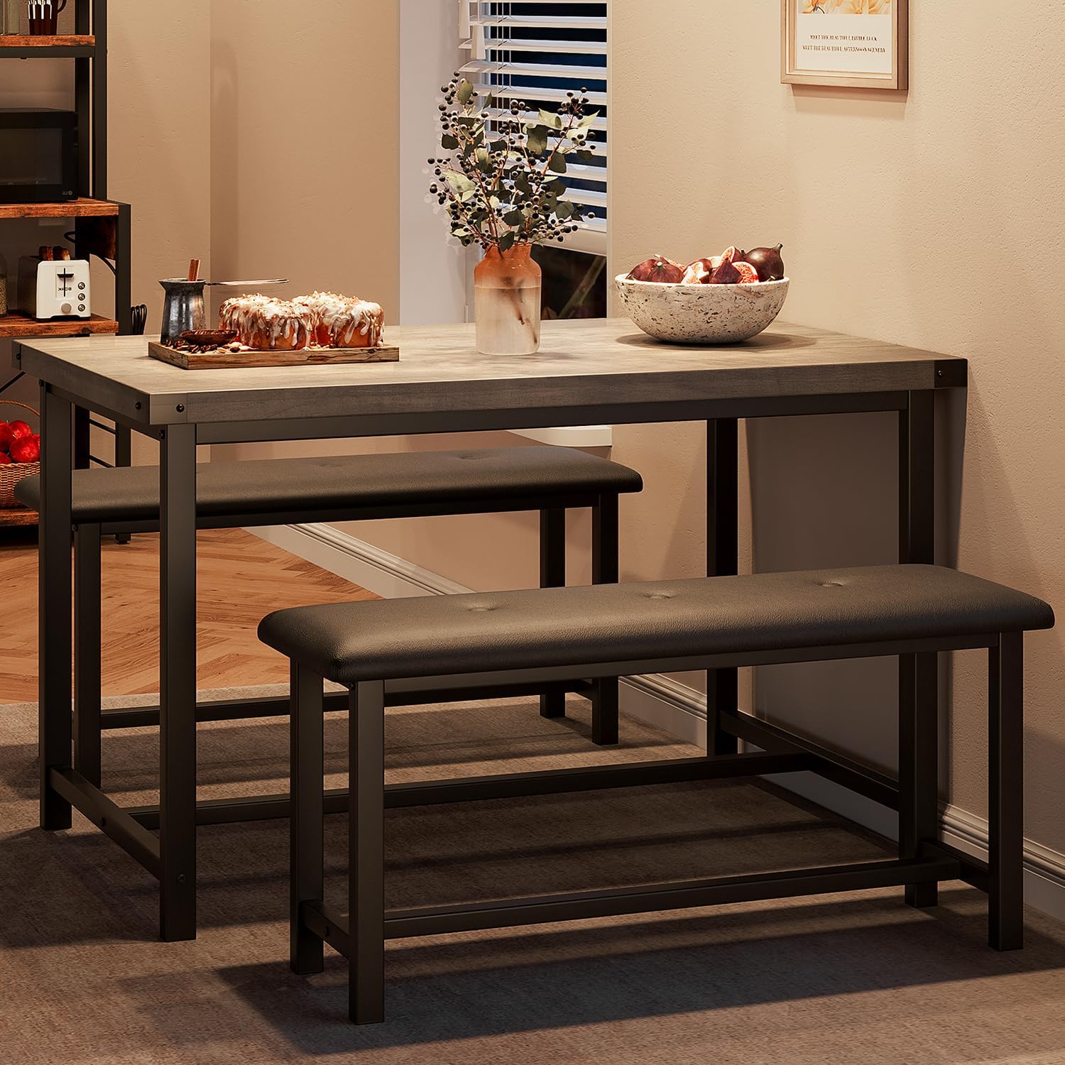 CREMORE Dining Table Set for 4 People, Dining Room Table Set with Upholstered Benches for Kitchen, Small Space, Apartment, Industrial Style, Rustic Grey